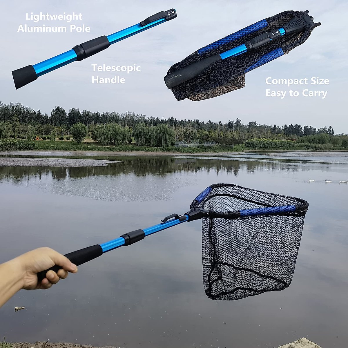 Folding Fishing Landing Net Floating Fishing Net Rubber Fishing Net Collapsible for Saltwater Freshwater Retractable Fish Net for Fishing Lightweight Kayak Fishing Net