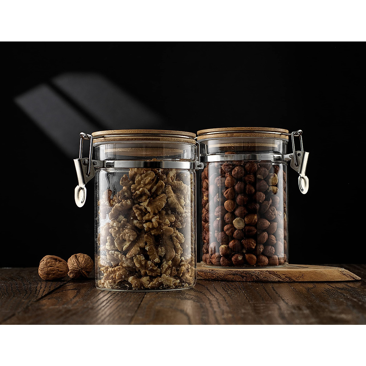 JoyJolt Borosilicate Glass Jars With Bamboo Lids (27oz). 2PC Set of Airtight Storage Jars with Clamp Lids for Pantry Storage. Air Tight Sealable Containers for Kitchen Organization.