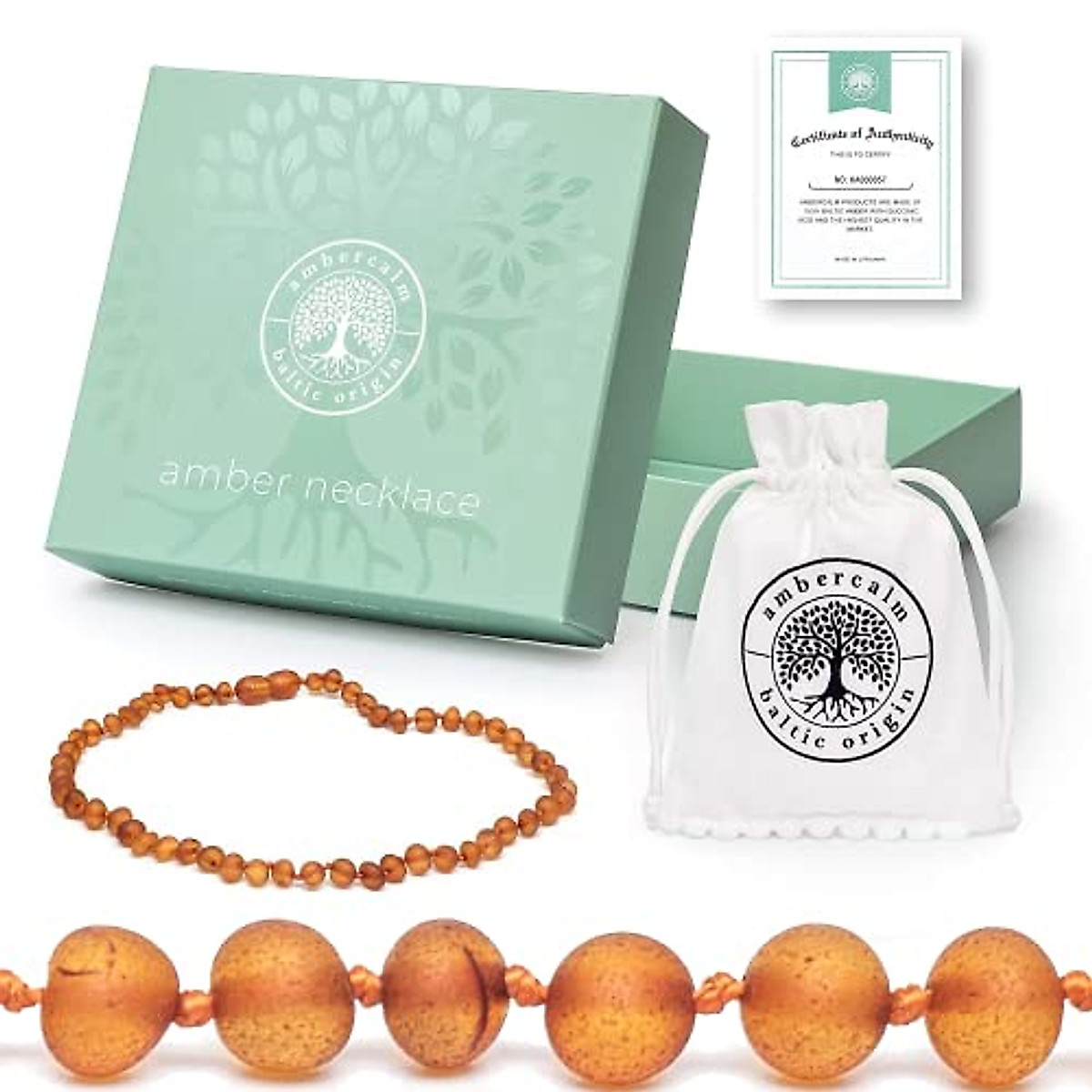 Ambercalm Baltic Amber Necklace - Raw Unpolished Amber Baroque w/Certified Genuine Baltic Amber Cognac 12.5 Inches