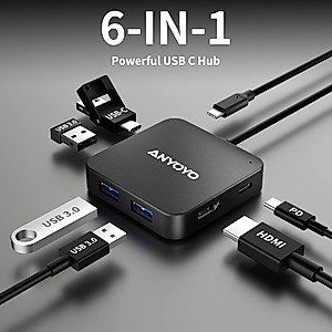 USB C Hub, 6 in 1 USB Splitter Adapter with 4K 30Hz HDMI, 100W PD, 3 USB A 3.0, 1 USB C 3.0, HDMI to USB C Multiport Adapter, USB C HDMI Hub for MacBook Pro/Air and Other USB C Devices