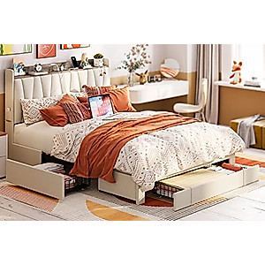 ANCTOR Full Size Bed Frame with 3 Drawers, Upholstered Platform Bed with Storage Headboard and Charging Station, No Box Spring Needed, Easy Assembly