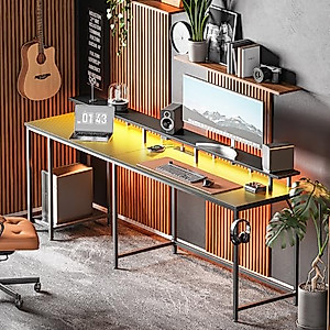 SUPERJARE Desk L Shaped Gaming Desk with LED Lights & Power Outlets, Computer Desk with Monitor Stand, Home Office Desk Corner Desk with Headphone Hooks, Carbon Fiber Black