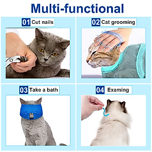 9 Pieces Cat Bathing Bag Set Cat Shower Bag Anti Bite and Anti Scratch Cat Grooming Bag for Pet Washing Brush Comb, Cat Muzzle, Nail Clipper, Nail File, Tick Tool (Blue, Turquoise)