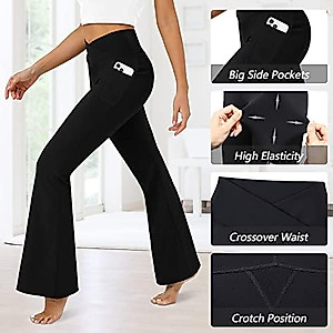 DLOODA Women's Flare Leggings with Pockets-Crossover High Waisted Bootcut Yoga Pants-Tummy Control Bell Bottom Leggings Black