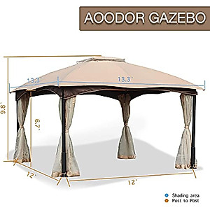 Aoodor Patio Gazebo 12' x 12' Metal Frame with Mesh Netting Canopy Top - Khaki Color