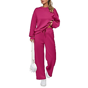 PRETTYGARDEN Women Two Piece Sweatsuits 2024 Long Sleeve Pullover Tops Wide Leg Pants Sets Matching Sweat Outfits (Rose Red,Large)