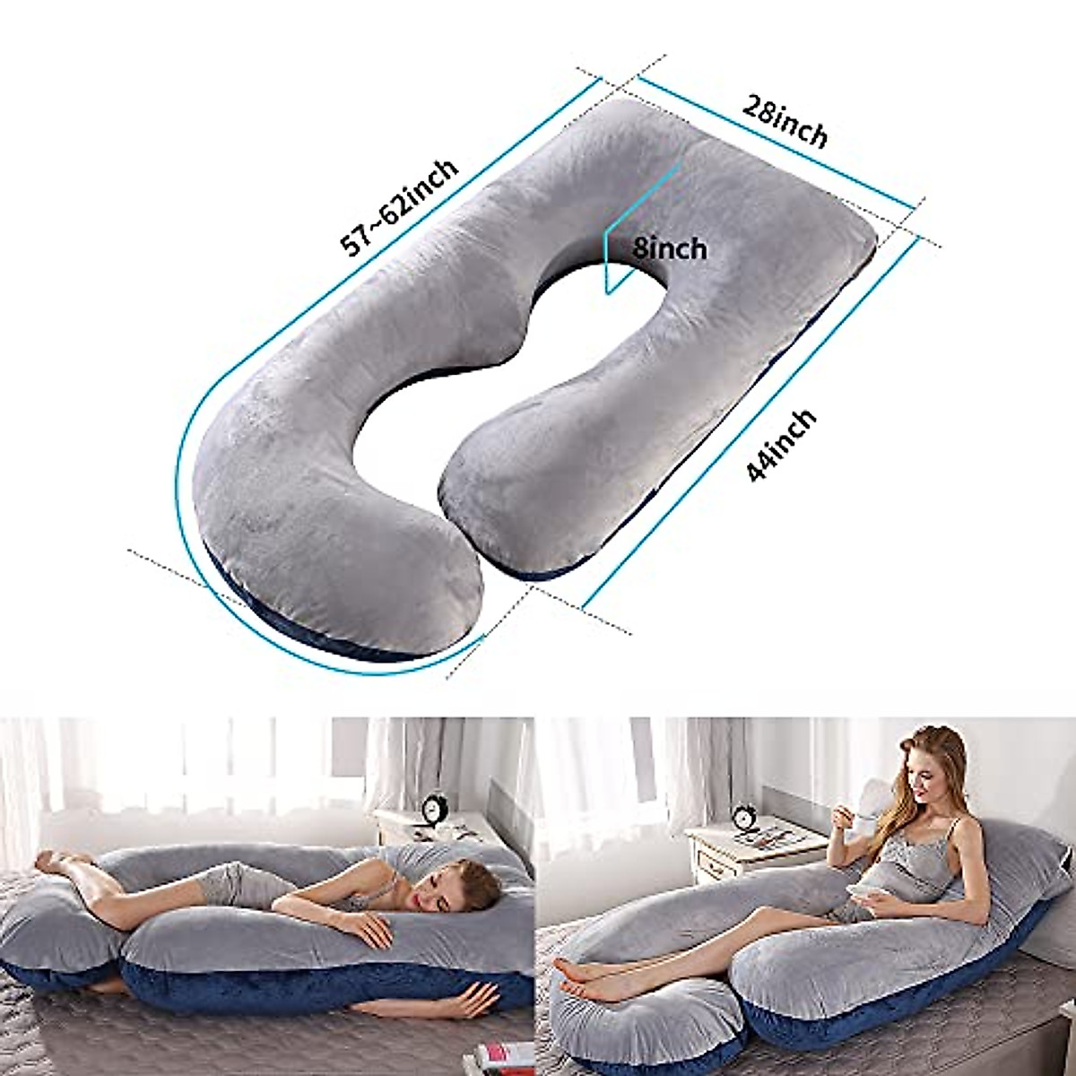 Wndy's Dream Pregnancy Pillow J Shaped Full Body Pillow with Velvet Cover, 60 inches Maternity Pillow for Pregnant Women Back, Legs and Belly Support