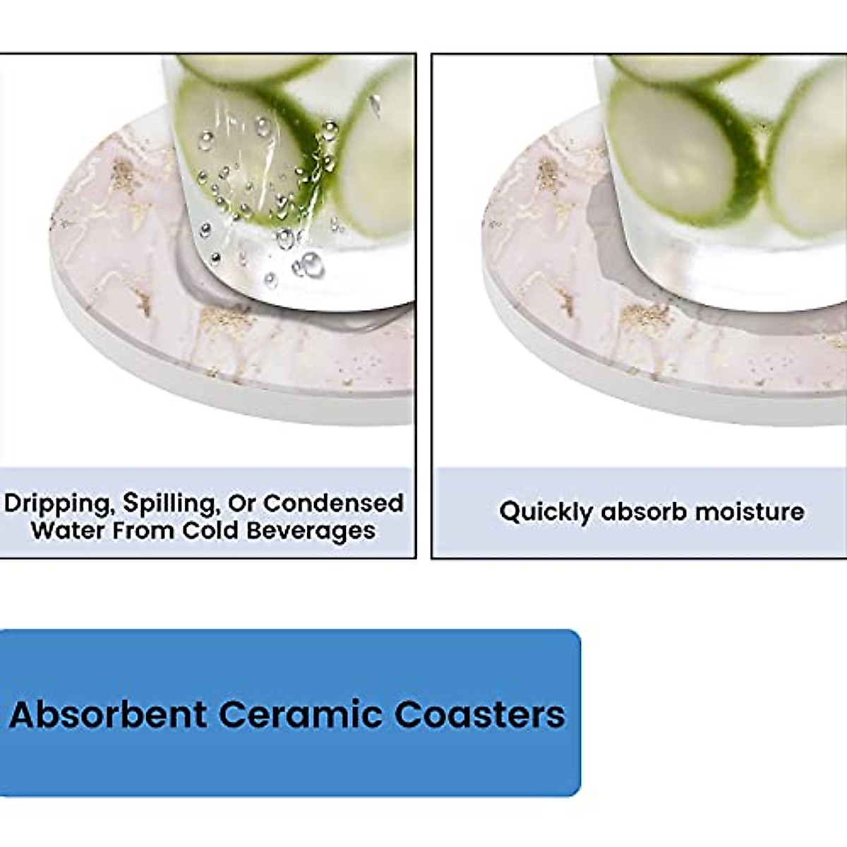 Marble Pattern Coasters Set of 2, Pink Marble Large Coasters for Drinks Absorbent Decor Cork Coasters Anti-Slip Ceramic Coaster Round Coaster Set for Farmhouse, Home