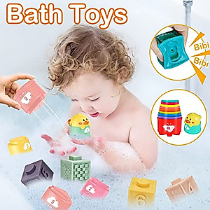 4 In 1 Baby Sensory Toys 6-12-18 Months, Montessori Pull String Infant Teething Toy 6 8 9 10 12 M+ Stacking Building Block Sensory Shape Bin Baby Learning Toys 3-6 Months Toddler Age 1-3 Girl Boy Gift