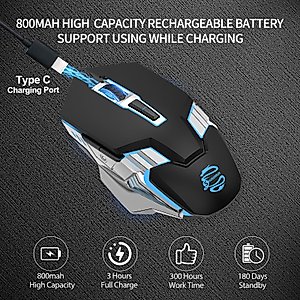 Bluetooth Mouse Rechargeable, Wireless Gaming Mouse Multi Device(BT5.0/3.0+2.4G) with Side Buttons, USB Receiver, RGB Backlit, Cordless Computer Mice for Laptop, Windows PC Mac Tablet(Black-Mute)