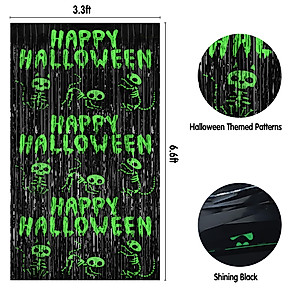 2 Pack Halloween Foil Fringe Curtains Decorations, 3.3 x 6.6 FT Black Tinsel Fringe Curtain Cat Happy Halloween Decorations Indoor Photo Backdrop Streamers for Home Halloween Party Decor