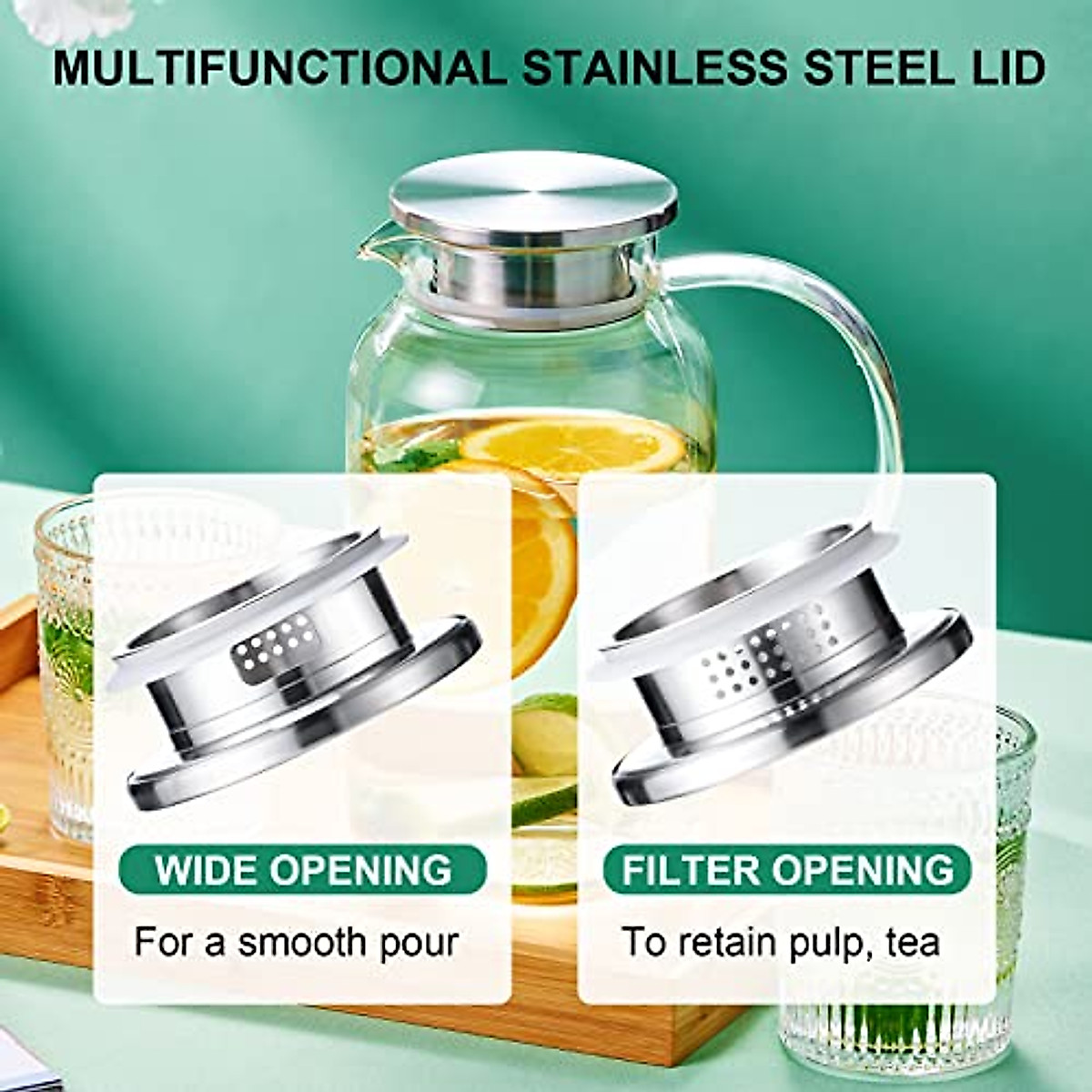 PARACITY Glass Pitcher with Lid, Hot& Cold Glass Water Pitcher with Handle, Iced Tea Pitcher Carafe for Coffee, Juice, Lemonade and Milk 61oz/ 1.8L…