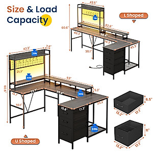 UPOSOJA U Shaped Gaming Desk with Hutch, 98.4in Reversible L Shaped Computer Desk with Power Outlets, Home Office Desk LED Light, Monitor Stand 3 Drawers Shelves 6 Hooks(Grey)
