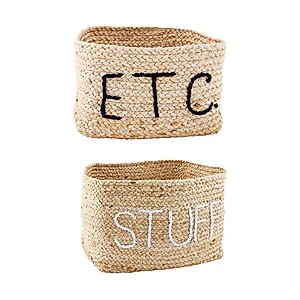 Mud Pie Embroidered Woven Basket Set, Tan, 9 3/4" x 13 3/4" dia