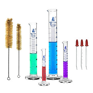 EISCO Graduated Cylinder Set, 9 Pieces - Class B - 5ml, 10ml, 50ml, 100ml Thick Borosilicate 3.3 Glass Cylinders, 3 Glass Droppers, 2 Cleaning Brushes