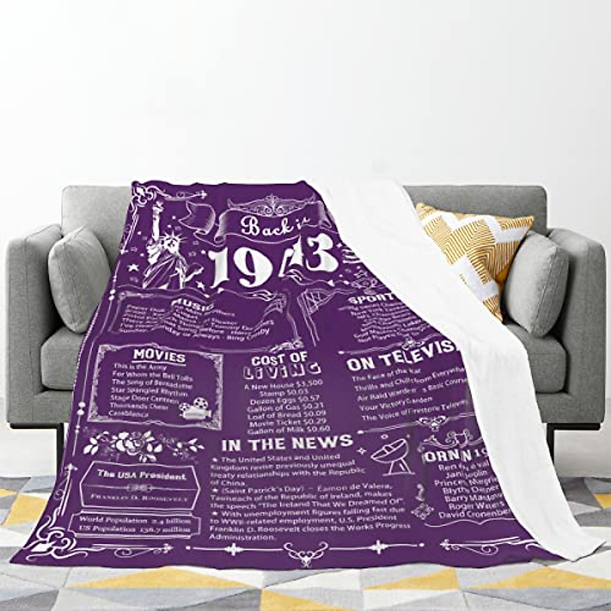 80th Birthday Gifts for Women 1943 Blanket 60x50 Inches, Best 80th Birthday Gifts, 80 Year Old Birthday Gifts for Women, 80th Birthday Decorations for Women Wife Mom Grandma Soft Warm Purple Blanket
