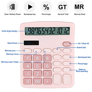 Desk Calculator, Envysun Compact 12-Digit Solar Battery Office Electronic Calculator with LCD Display, Dual Power Desktop Scientific Calculators (Cal-Pink-US)