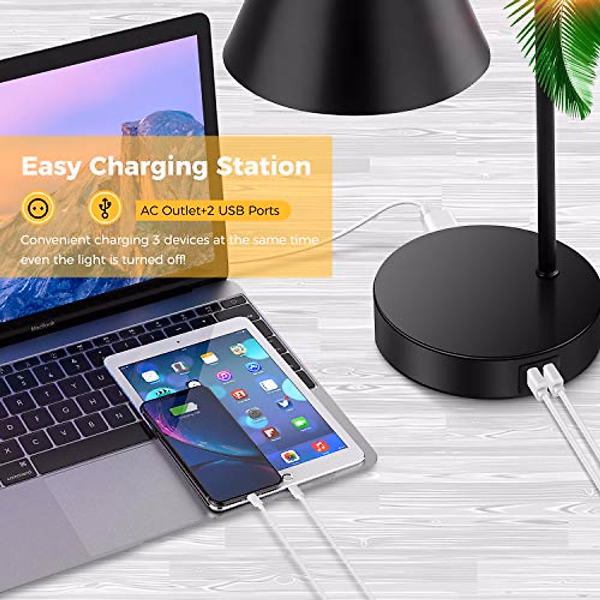 Industrial Dimmable Desk Lamp with 2 USB Charging Ports AC Outlet, Touch Control Bedside Nightstand Reading Lamp Flexible Head, Black Metal Table Lamp for Bedroom Office Living Room, Bulb Included