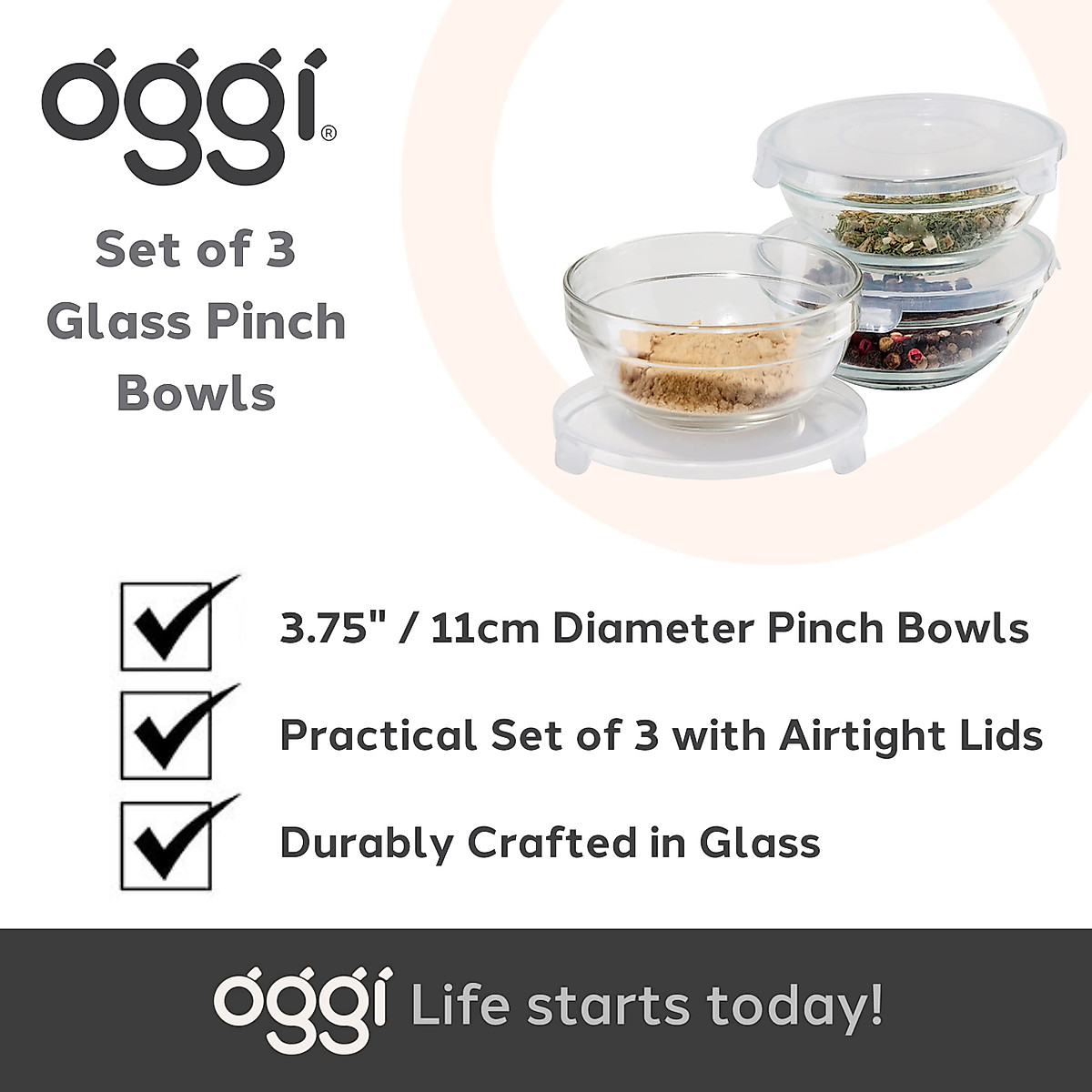 Oggi Set of 3 x Glass Pinch Bowls - 4oz with Clip Lids, Ideal as Salt and Pepper Bowls, Storage Bowls with Lids, Condiment Bowls, Mini Bowls, Prep Bowls for Cooking or Mise en Place Bowls - Clear