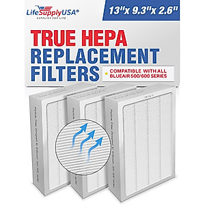 LifeSupplyUSA True HEPA Filter Replacement Compatible with Blueair All 500/600 Series Purifiers 501, 503, 505, 510, 550E, 555EB, 601, 603, 605, 650E Air Purifier (3-Pack)