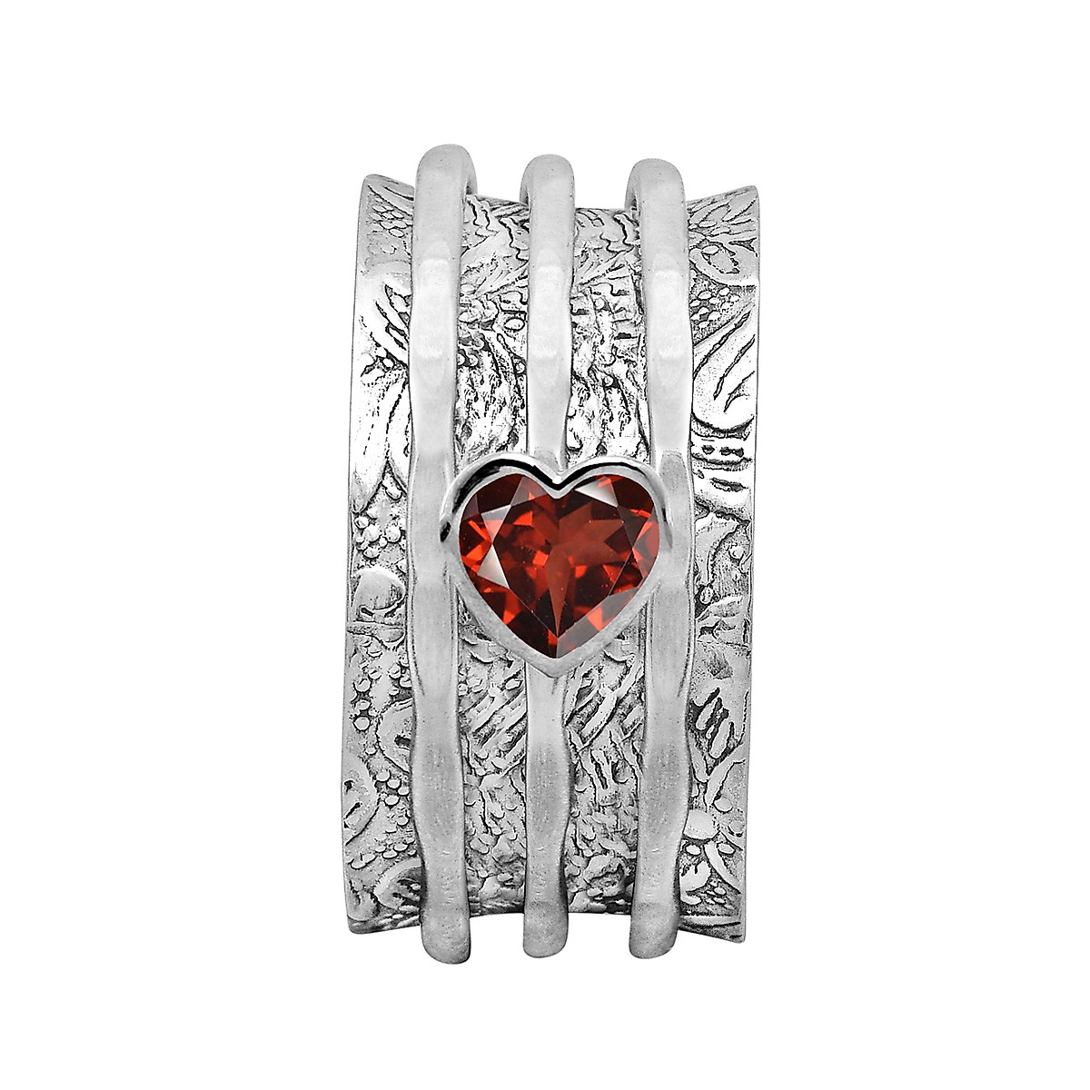 Spinner Ring !! Your Choice Meditation Band, 5 MM Heart Shape Garnet Rhodolite Gemstone Fidget Ring, 925 Sterling Silver Band… (Dual Silver Band, 8)