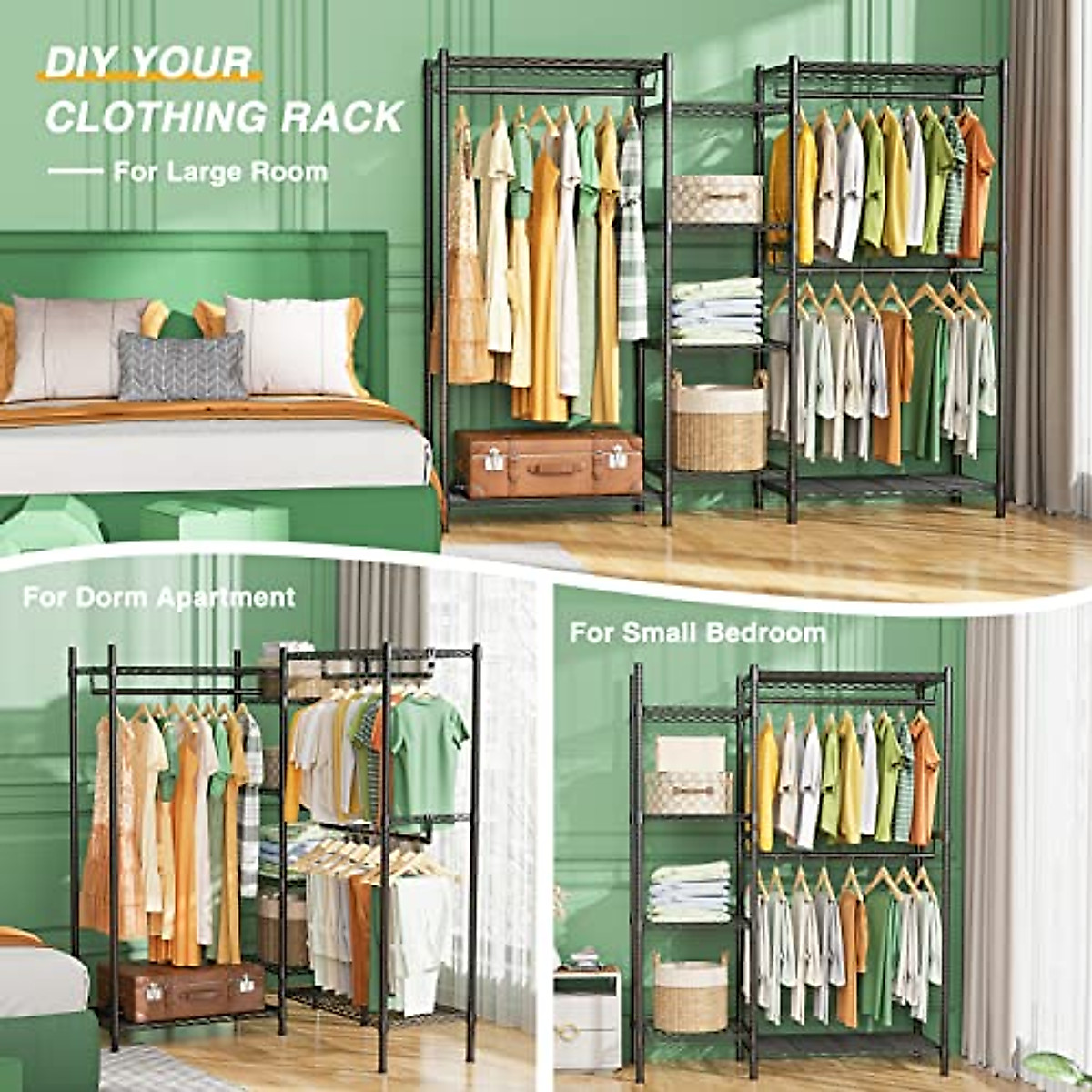 LEHOM G7 Heavy Duty Clothes Rack for Hanging Clothes, Portable Garment Rack Compact Size Closet Organizer, Freestanding Metal Clothing Rack Wardrobe Closet with Storage Shelves for Bedroom(Medium)