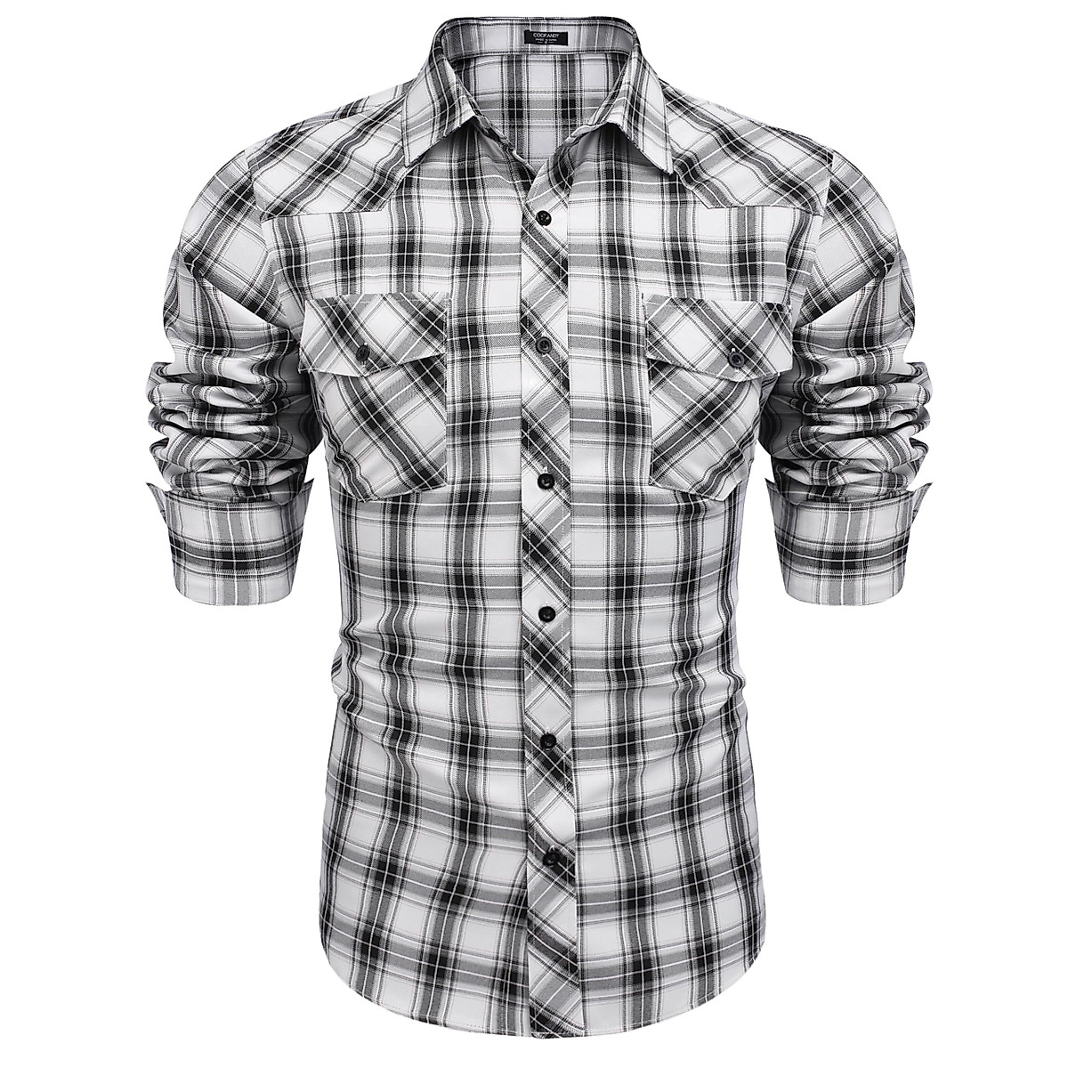 COOFANDY Mens Shirt Western Long Sleeve Cowboy Plaid Casual Button Up Dress with Pockets, Black White, Large, Long Sleeve