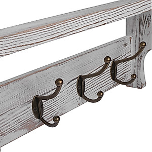 35" Long Coat Rack Wall Mount with Shelf, Rustic Wooden Entryway Shelf with 8 Hanger Hooks, Farmhouse Mounted Pinewood Floating Wall Hook Rack Shelf for Kitchen Bathroom Mudroom Laundry, White