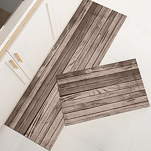 GUBIYU Set of 2 Kitchen Rugs and Mats Country Wooden Kitchen Rugs Washable Rustic Floor Planks Brown Wood Textures Bathroom Rugs Runner Farmhouse Style Walnut Oak Grain Decorative Kitchen Floor Decor