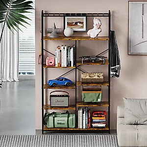 Iaocpio Double Wide 6 Tier Bookshelf, Bookshelves and Bookcases with 6 Hooks. Industrial Bookshelf for Living Room, Bedroom, and Home Office Brown.