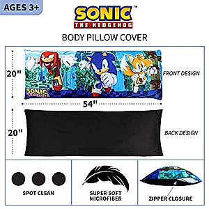 Sonic The Hedgehog Bedding Super Soft Microfiber Zippered Body Pillow Cover, 54 in x 20 in, (Official Sega Sonic Product) Anime