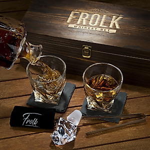 Whiskey Decanter and Stones Gift Set for Men - Whiskey Decanter, 2 Twisted Whiskey Glasses, 10 Stainless Steel Stones, 2 Slate Coasters, Tongs & Freezer Pouch in Wooden Gift Box