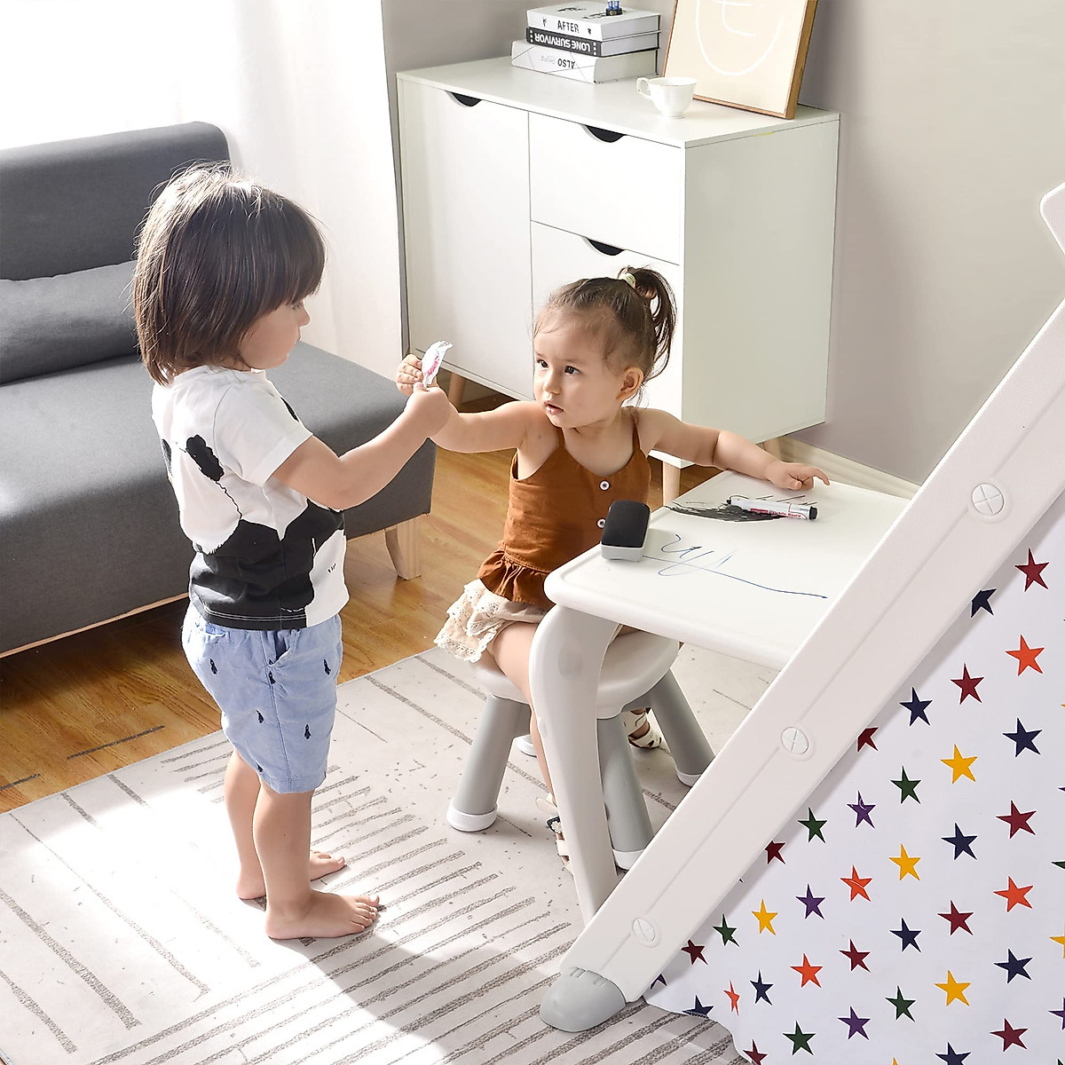 Merax Foldable Triangle Climber, 4-in-1 Kids Hideaway Play Tent with Art Easel, Stool for Toddlers, Climbing Triangle Crawling Tunnel Toy Activity Play Set (White)