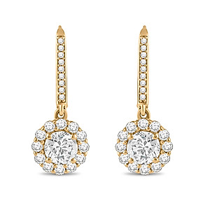 Everyday Elegance 14K Solid Yellow Gold Leverback Earrings Round "Halo" Cubic Zirconia Drop Dangle Basket Setting 2.0 CTW With Gift Box