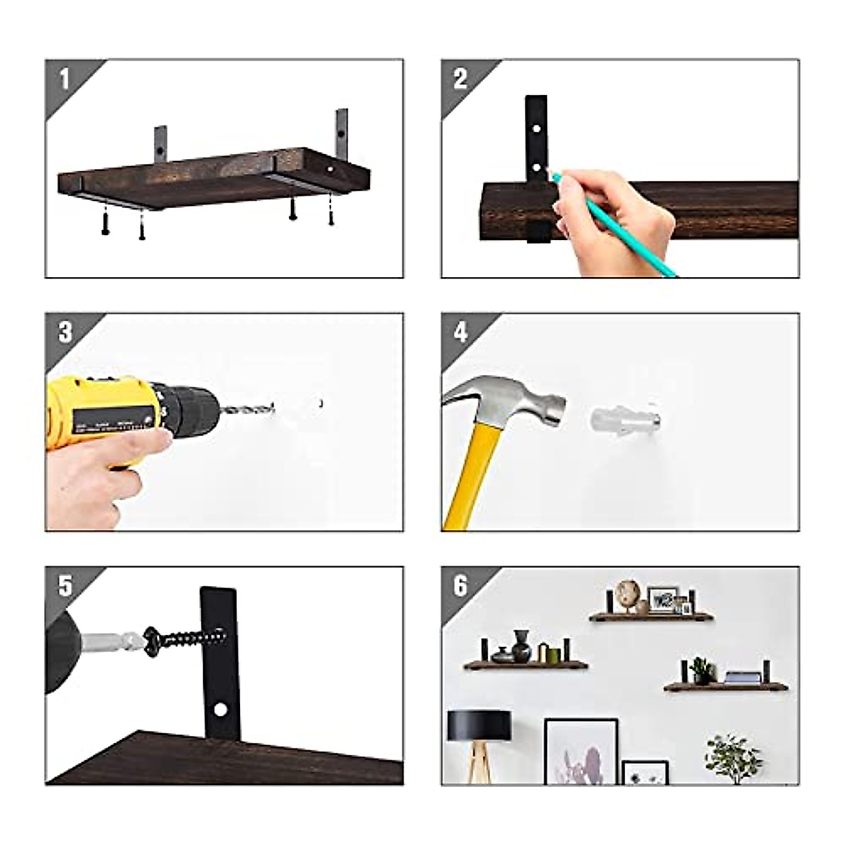 iPeTata Floating Shelves, Wall Mounted Rustic Wood Wall Storage Shelves for Bathroom, Bedroom, Kitchen, Living Room, Office and Coffee Bar Wine Bar, with Towel Bar and 5 Hooks, Set of 3 (Brown)