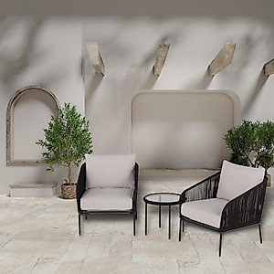 Four Seasons Courtyard Carrabelle 3 Piece Outdoor Patio Furniture Set with 2 Woven Rope Backrest Design Cushioned Chairs and Round Side Table, Black