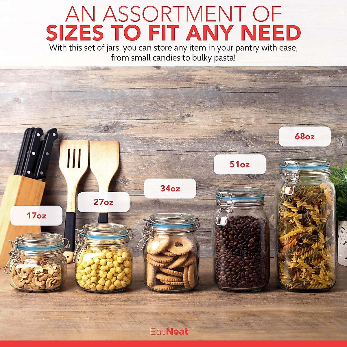 EATNEAT 5-Piece Airtight Glass Kitchen Canisters with Glass Lids - Set of 5 Mason Jars for Food Storage, Organization, and Canning - Food Storage Containers that Hold 68, 51, 34, 27, and 17 Ounces