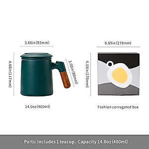 HEER Ceramic Infusion Tea Mug with Infuser and Lid for Steeping Loose Leaf Tea, Chinese Modern Wooden Handle Diffuser Coffe Tea Cup for Home Office. 13.5oz (400ml) (Green)