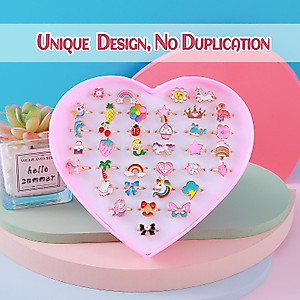 PASEMM 36pcs Little Girl Jewel Rings, Adjustable Unicorn Rings Toys, No Duplication Kids Play Ring in Box,Dress Up for 4-12 Year Old Girls, Birthday Christmas Valentine's Day Holiday Gifts