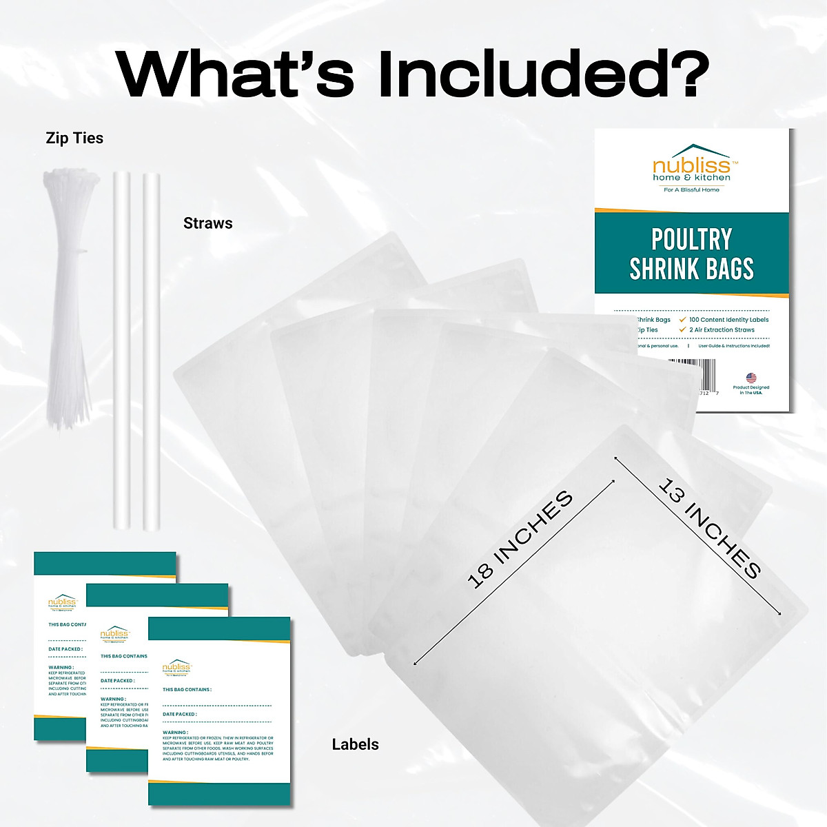 NuBliss Poultry Shrink Wrap Bags,13x18 Inches Poultry Heat Shrink Bags Freezer, Includes Zip Ties, Labels, and 2 Insert Straws, Thick Clear Shrink Wrap for Chicken, Meats, and Vegetables (30)