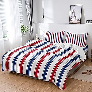 Independence Day California King Duvet Cover Set 4 Pieces Modern Geometric Striped Print Bedding Sets, Soft Quilt Covers with Zipper Closure and 1 Bed Sheets 2 Pillow Shams Colorful Blue Red White