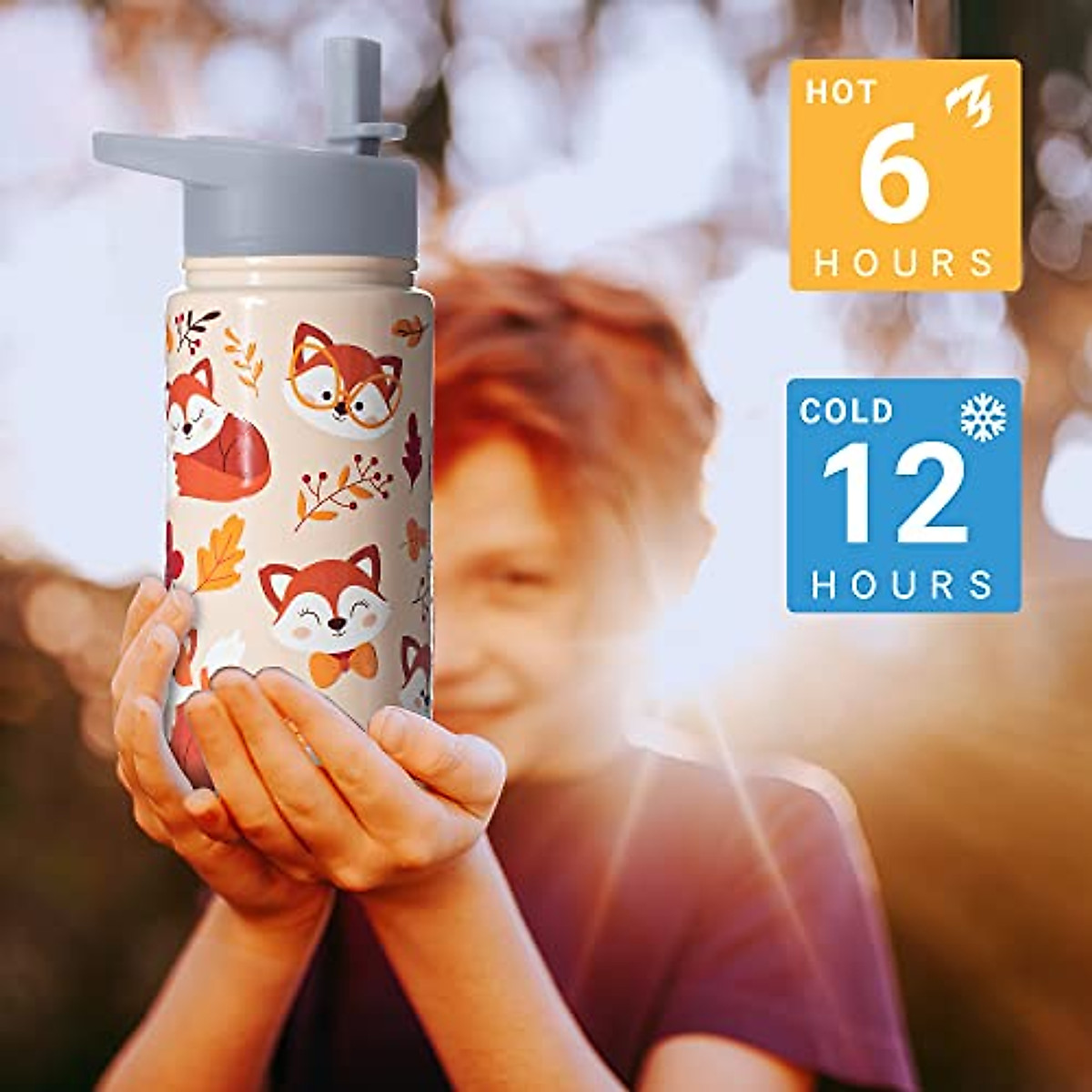 Weboia Kids Autumn Cute Water Bottle Fox Insulated Water Bottles BPA Free Double Wall Vacuum 15 oz Kids Cup with Straw Lid Leak Proof Fox Water Bottle Autumn Gift for Boys Girls School