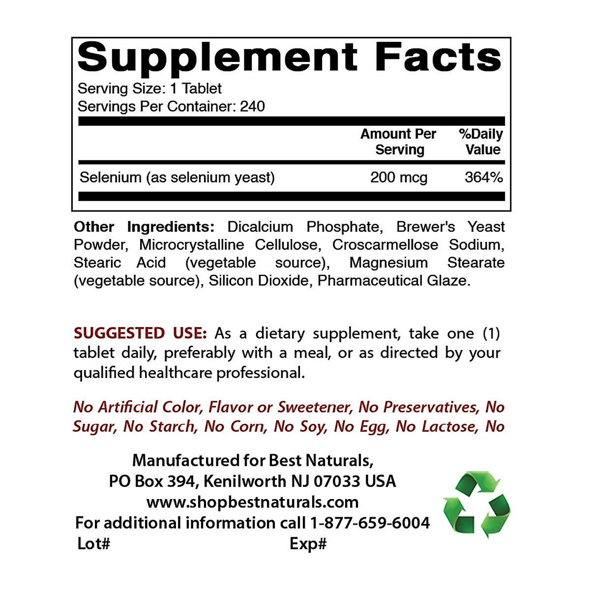 Best Naturals Selenium 200 mcg 240 Tablets - 3rd Party Lab Tested