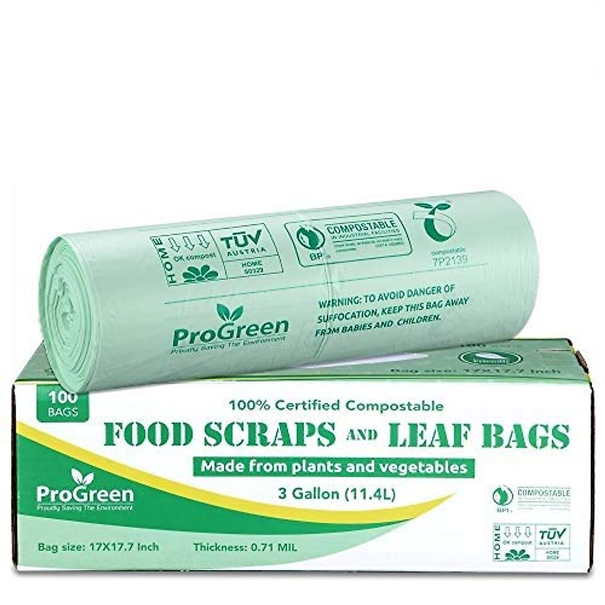 ProGreen Compostable Trash Bags 3 Gallon, Extra Thick 0.71 Mil, 100 Count, Small Kitchen Compost Bin Bags, Food Scraps Yard Waste Bags, Compost ASTM D6400 BPI and TÜV AUSTRIA Certified