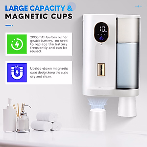 DeeWaves Automatic Mouthwash Dispenser for Bathroom,20.29 Fl Oz Smart MouthWash Dispenser for Kids and Adult with Magnetic Cups, 4 Dispensing Levels,LED Screen,Wall Mounted Dispenser,USB Rechargeable