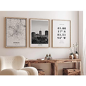Dear Mapper Akron United States View Abstract Road Modern Map Art Minimalist Painting Black and White Canvas Line Art Print Poster Art Line Paintings Home Decor (Set of 3 Unframed) (12x16inch)