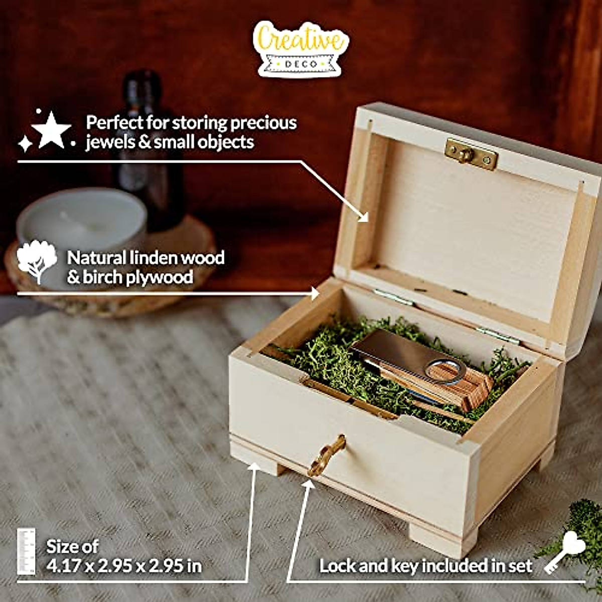 Creative Deco Small Wooden Jewelry Box | Lockable Storage Box with Lock & Key | 4.17 x 2.95 x 2.95 in | Plain, Unpainted & Unfinished | Keepsake Trinket Treasure Chest