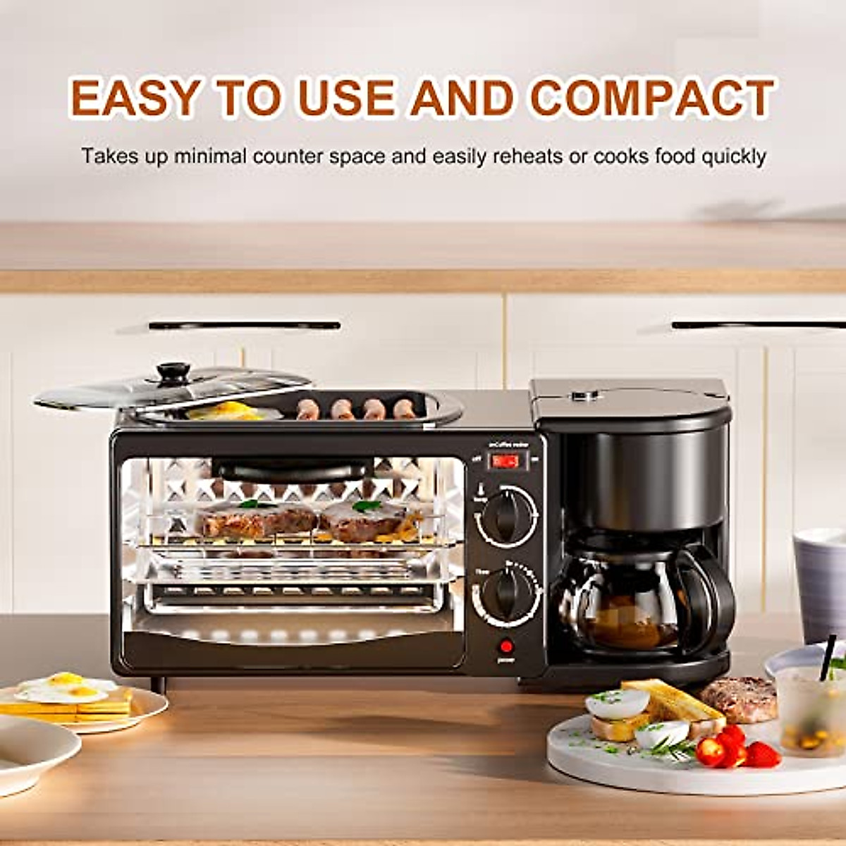 Breakfast Station, Toaster with Frying Pan, Portable Oven Breakfast Maker with Coffee Machine, Non Stick Die Cast Grill/Griddle for Bread Egg Sandwich Bacon Sausages