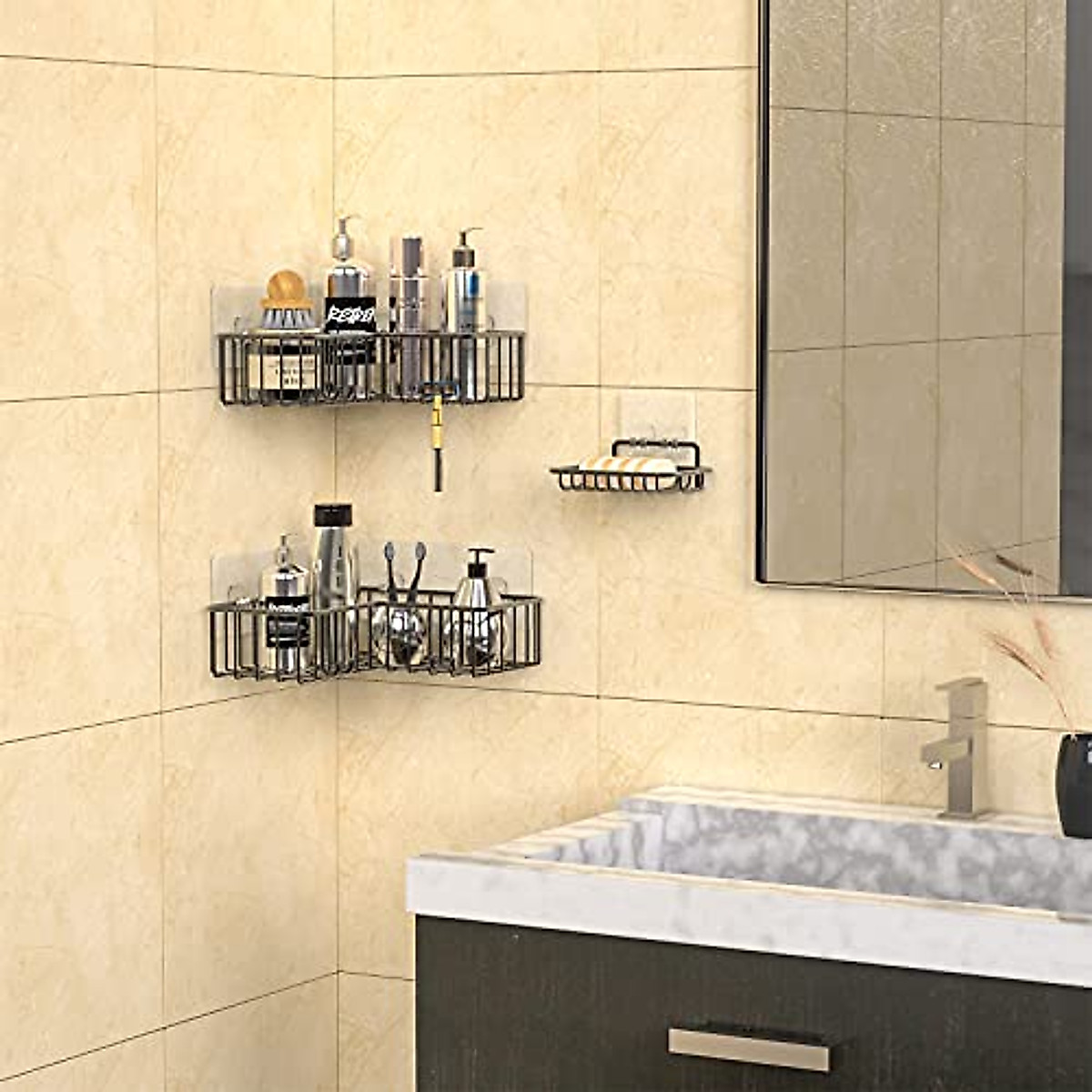 AAUU Corner Shower Caddy Shelf, 3 Sets Adhesive Bathroom Basket Shelf with Hooks, Soap Dish Holder for Toilet, Dorm and