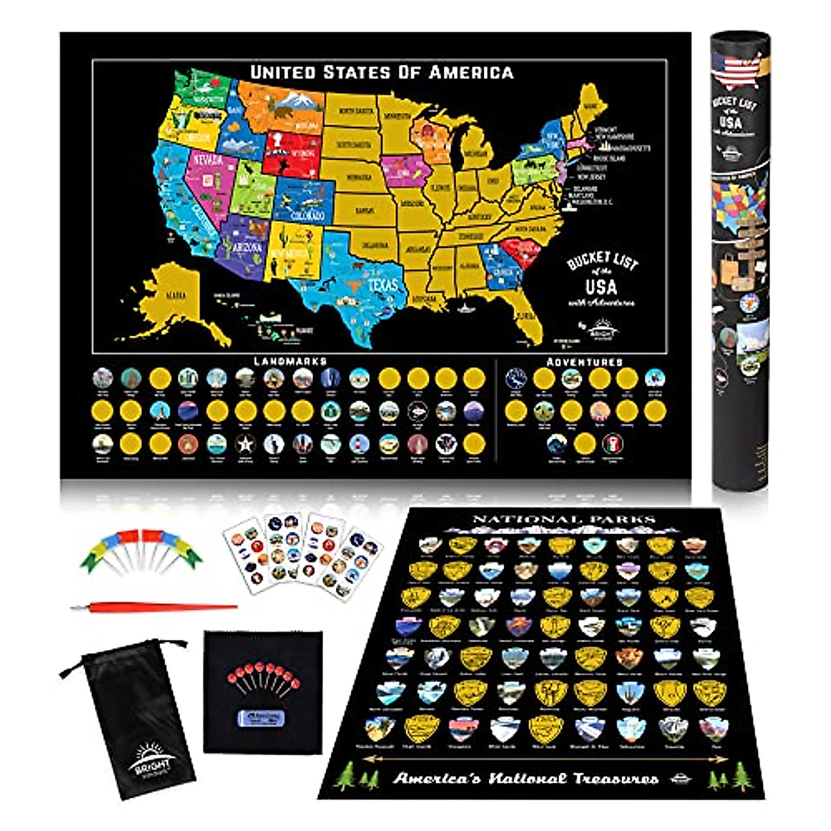 Scratch Off Map of United States + ALL 63 US National Parks Scratch Off Poster, 85 USA Landmarks, Travel Map Kit, 50 State Photo Wall Adventure Maps, Journal Gifts for Travelers by Bright Standards